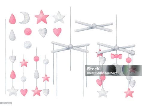 하트 달 흰색 배경에 고립 된 별과 분홍색 회색 어린이 모바일 귀여운 유아 클립 아트 신생아의 보육을위한 장식 장난감 성별 공개 0명에 대한 스톡 벡터 아트 및 기타 이미지