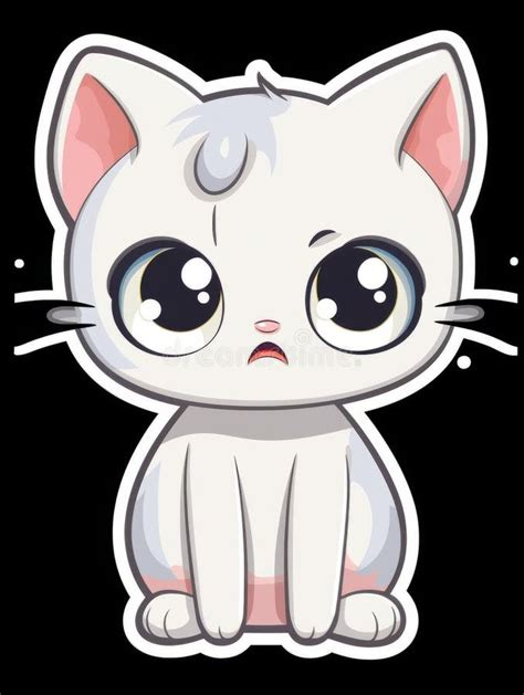 Cartoon Sticker White Hungry Kitten On Black Background Isolated Ai Stock Illustration