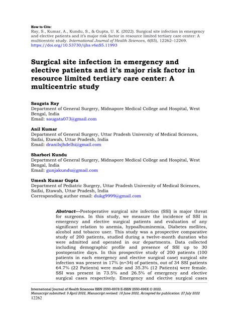 Pdf Surgical Site Infection In Emergency And Elective Patients And Its Major Risk Factor In