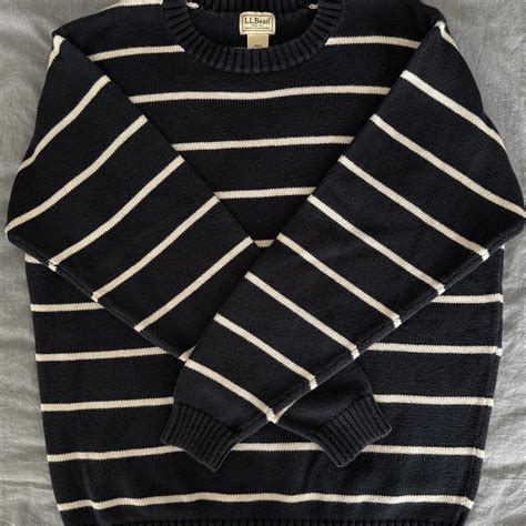 Ll Bean Navy And White Striped Crewneck Sweater 100 Depop