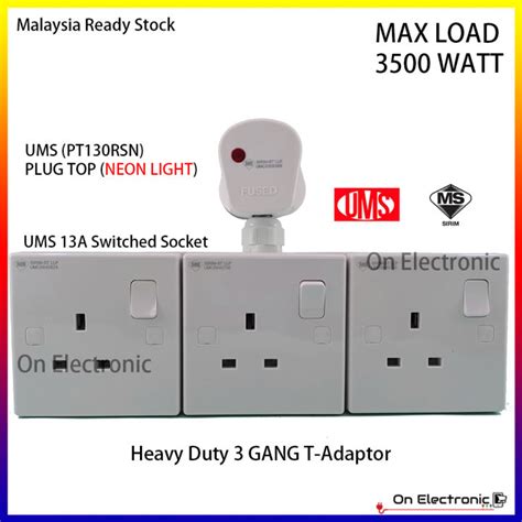 Heavy Duty 3 Gang T Adaptor Extension Wall Socket And Adaport Sirim Approved Max Power 3500watt
