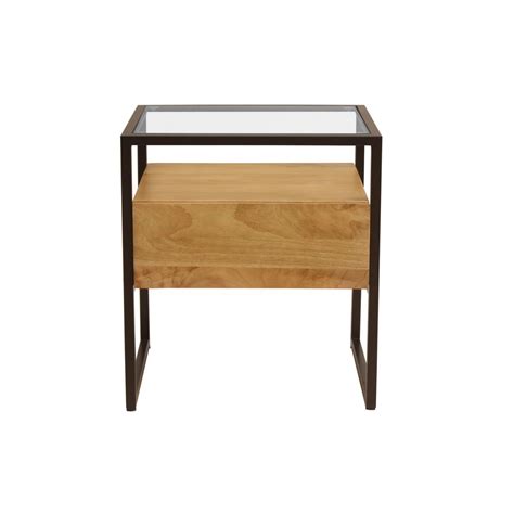 Table De Chevet Avec Tiroir En Bois Manguier Massif Verre Et Métal