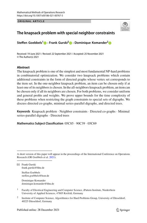 Pdf The Knapsack Problem With Special Neighbor Constraints