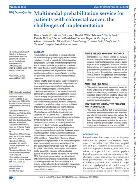 Pdf Multimodal Prehabilitation Service For Patients With Colorectal Cancer The Challenges Of