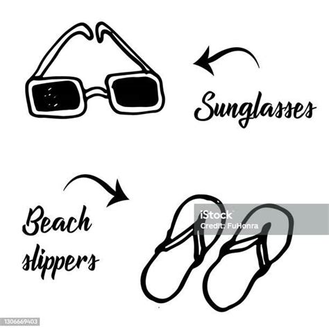 벡터 손으로 그린 해변 아이콘 의 비치 슬리퍼 플립 플롭과 선글라스 개인 장식품에 대한 스톡 벡터 아트 및 기타 이미지 개인 장식품 건강관리와 의술 검안 Istock