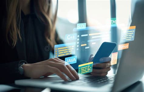 Software Developer Work With Coding Overlays Of Programming Languages