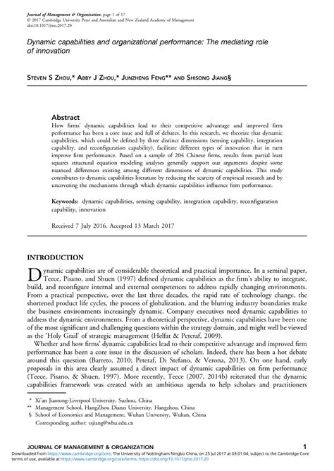 Pdf Dynamic Capabilities And Organizational Performance The Mediating Role Of Innovation