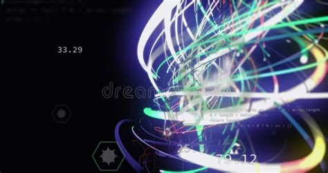 animation of spiral pattern and multiple icons with computer language over black background