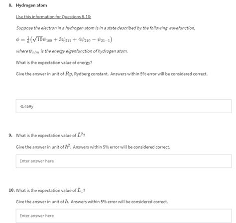 Solved Hydrogen Atomuse This Information For Questions