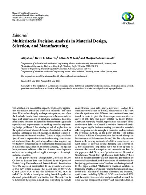 Pdf Multicriteria Decision Analysis In Material Design Selection And Manufacturing