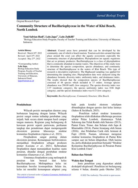 Pdf Community Structure Of Bacillariophyceae In The Water Of Klui