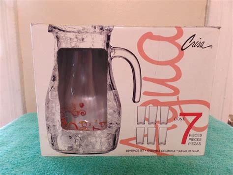 Crisa Libbey 7 Pc Glass Pitcher Beverage Set Clear Yellowred