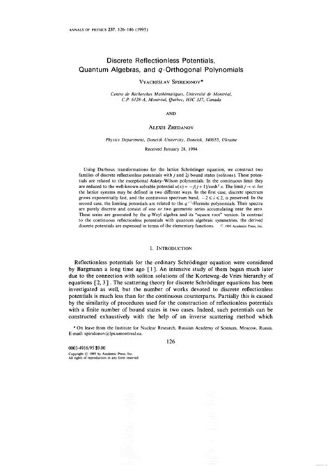 Pdf Discrete Reflectionless Potentials Quantum Algebras And Q