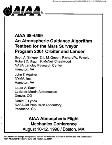 Pdf An Atmospheric Guidance Algorithm Testbed For The Mars Surveyor Program 2001 Orbiter And