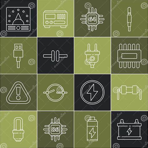 Set Line Car Battery Resistor Electricity Processor With Microcircuits Cpu Electric Scheme