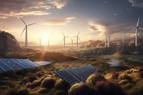 Fields With Solar Panels And Wind Turbines At Sunset Showcasing The Beauty Of Renewable Energy