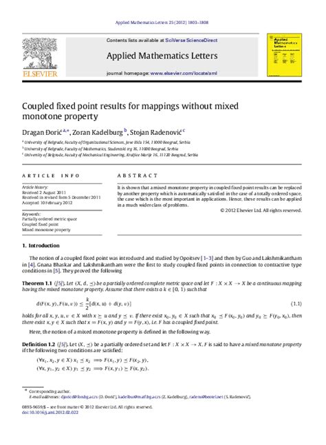 Pdf Coupled Fixed Point Results For Mappings Without Mixed Monotone Property