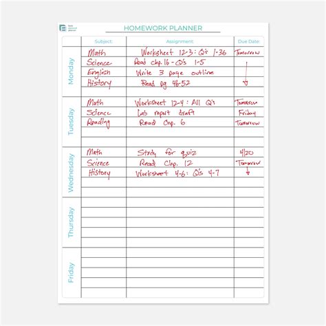 Weekly Homework Planner Printable