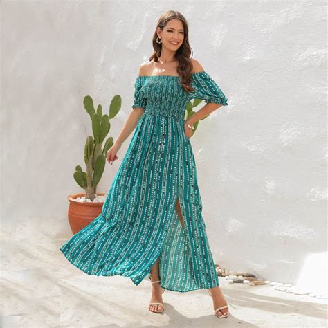 Elegant Off Shoulder Spring Summer Maxi Dress Slit Chiffon Maxi Dress