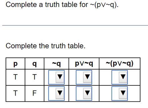 solved complete a truth table for ∼ p∨∼q complete the truth
