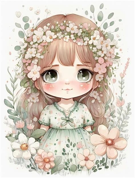 Un Dibujo De Dibujos Animados De Una Niña Con Flores En La Cabeza