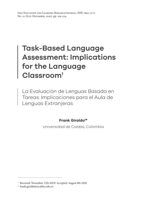 Pdf Task Based Language Assessment Implications For The Language