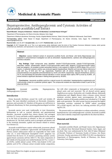 Pdf Hepatoprotective Antihyperglycemic And Cytotoxic Activities