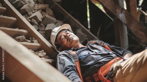 Construction Site Worker There Was An Accident Falling Down The Stairs Lying Unconscious On The