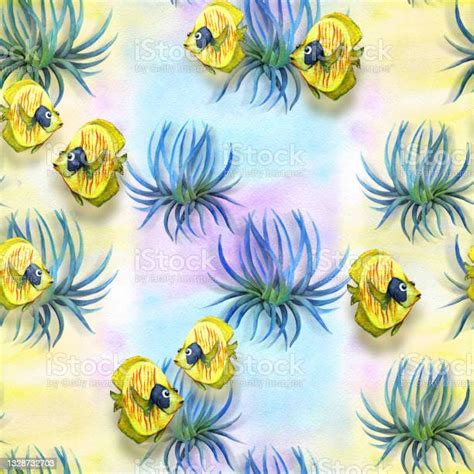 물고기 조류 및 껍질 수채화 수중 세계 매끄러운 패턴 인쇄된 자료 표지판 품목 웹사이트 지도 포스터 엽서 포장을 사용하십시오