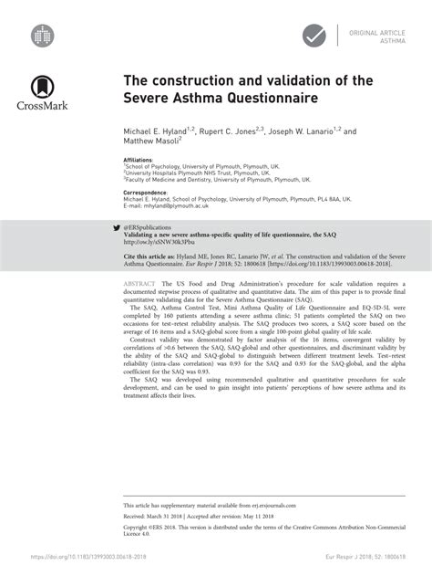 Pdf The Construction And Validation Of The Severe Asthma Questionnaire Saq