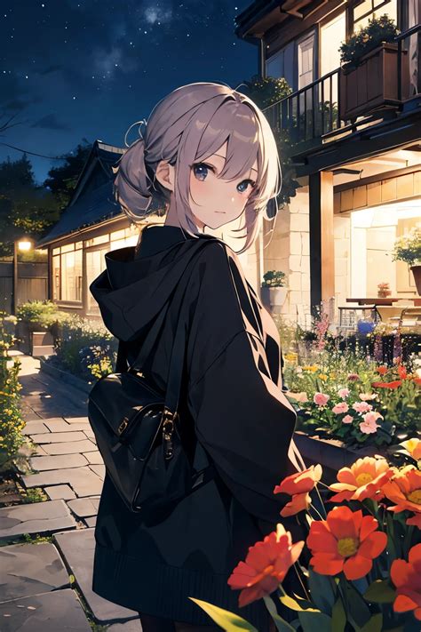 꽃을 들고 집 앞에 서 있는 애니메이션 소녀 Seaart Ai