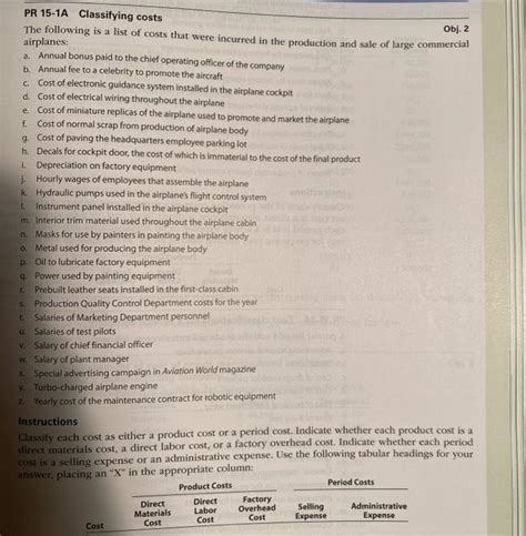 solved 1 pr 15 1a classifying costs the following is a list