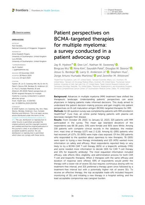 Pdf Patient Perspectives On Bcma Targeted Therapies For Multiple Myeloma A Survey Conducted
