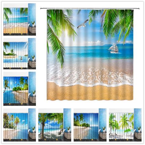 여름 풍경 샤워 커튼 하와이 해변 섬 코코넛 나무 욕실 홈 인테리어 방수 폴리에스테르 패브릭 커튼 Aliexpress