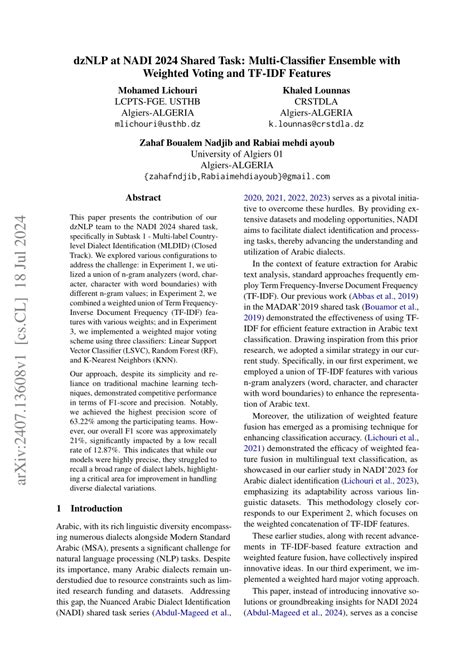Pdf Dznlp At Nadi 2024 Shared Task Multi Classifier Ensemble With