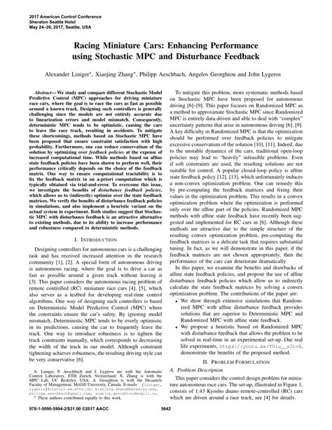 Pdf Racing Miniature Cars Enhancing Performance Using Stochastic Mpc And Disturbance Feedback