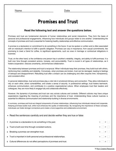 Promises And Trust Reading Comprehension Passages And Questions Worksheets