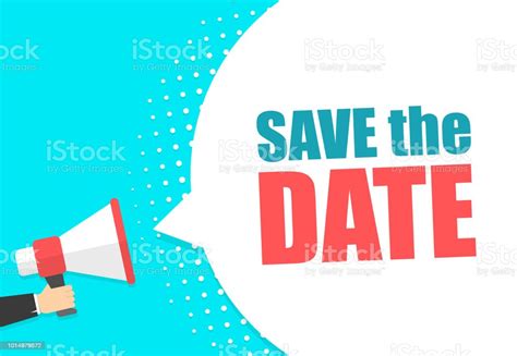 남성 손 날짜 연설 거품 저장와 확성기를 들고 스피커입니다 비즈니스 마케팅 및 광고 배너입니다 벡터 일러스트 레이 션 달력 날짜에 대한 스톡 벡터 아트 및 기타 이미지