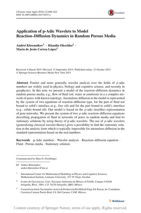 application of p adic wavelets to model reaction diffusion dynamics in