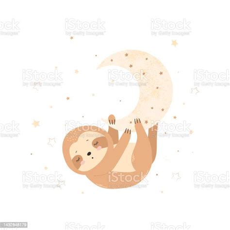 하얀 배경에 달에 매달려있는 귀여운 나무 늘보 포스터 직물 인쇄물 어린이 카드를위한 어린이 삽화 벡터 귀여운에 대한 스톡 벡터 아트 및 기타 이미지 Istock