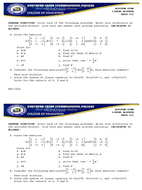 Solving Systems Of Linear Equations And Matrix Operations On The Midterm Exam For Math Iii