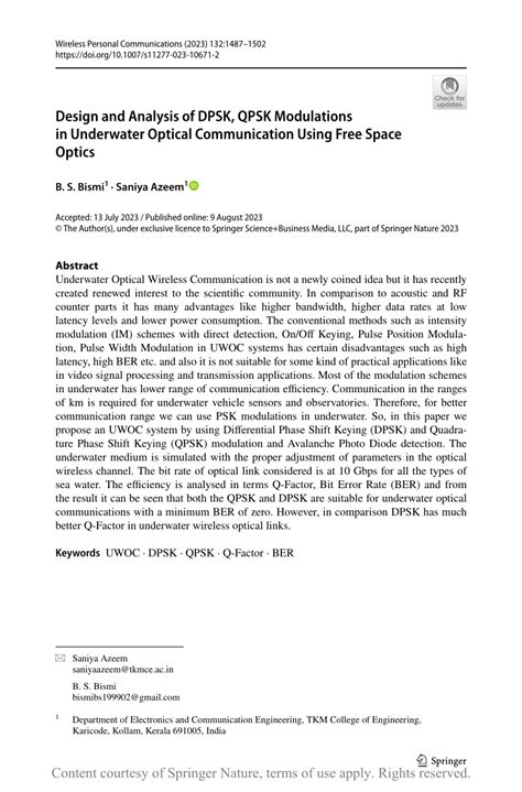Design And Analysis Of Dpsk Qpsk Modulations In Underwater Optical Communication Using Free