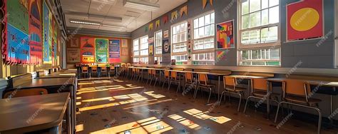 A Neat And Tidy Classroom With Colorful Posters On The Walls And Desks Arranged In Rows