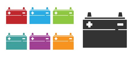 흰색 배경에 격리 된 검은 자동차 배터리 아이콘 어큐뮬레이터 배터리 에너지 전력 및 전기 축적기 배터리 다채로운 아이콘을