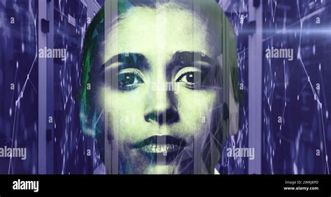 Image Of Networks Of Connections Over Caucasian Woman Face And Computer Servers Digital