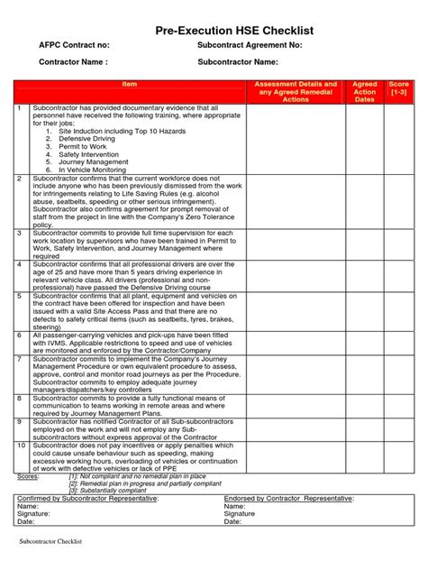 Subcontractor Checklist Driving Vehicles