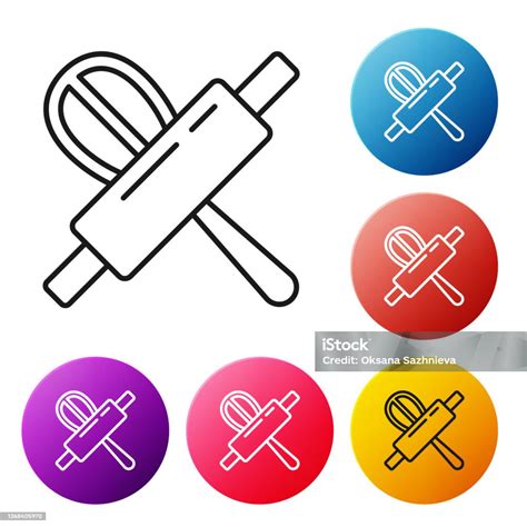 블랙 라인 부엌 거품기와 흰색 배경에 고립 된 롤링 핀 아이콘 조리 기구 계란 비터 칼 붙이 기호 음식 믹스 기호 아이콘 을 다채로운 원 버튼을 설정합니다 벡터 강철에 대한