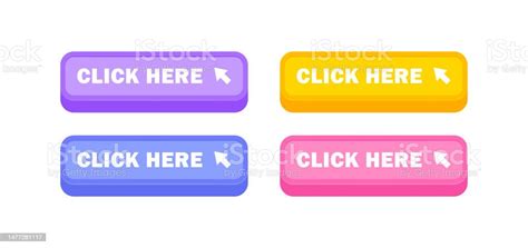 여기를 클릭하십시오 버튼 설정 화살표 포인터 클릭 웹 및 모바일 앱을 위한 현대적인 다채로운 3d 버튼 벡터 그림 3차원 형태에 대한 스톡 벡터 아트 및 기타 이미지
