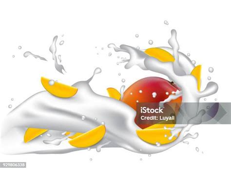 망고 복숭아 살구 넥 타 린 애플의 조각과 우유 스플래시 3d 그림 크림 붓는 웨이브 요구르트 포장 템플릿 벡터 Eps10입니다 건강한 생활방식에 대한 스톡 벡터 아트 및