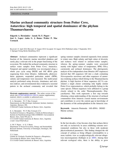 Pdf Marine Archaeal Community Structure From Potter Cove Antarctica High Temporal And